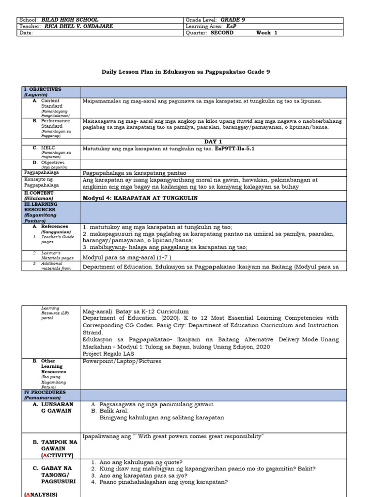 DLP - Esp 9 - Q2, W1 Karapatan at Tungkulin | PDF