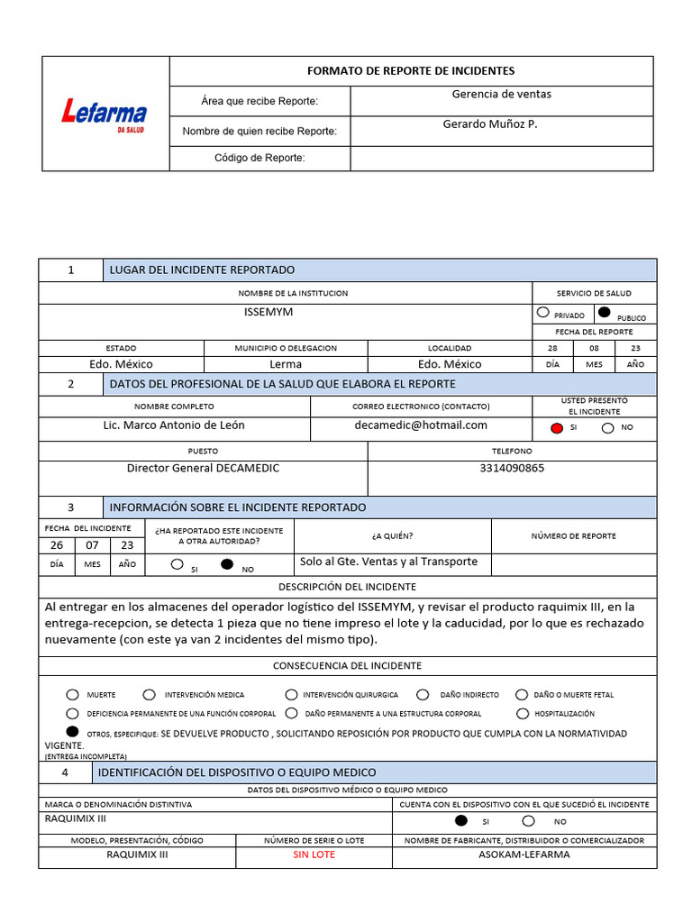 2do - Formato de Reporte de Incidente Cliente Marco Antonio de Leon-Decamedic | PDF