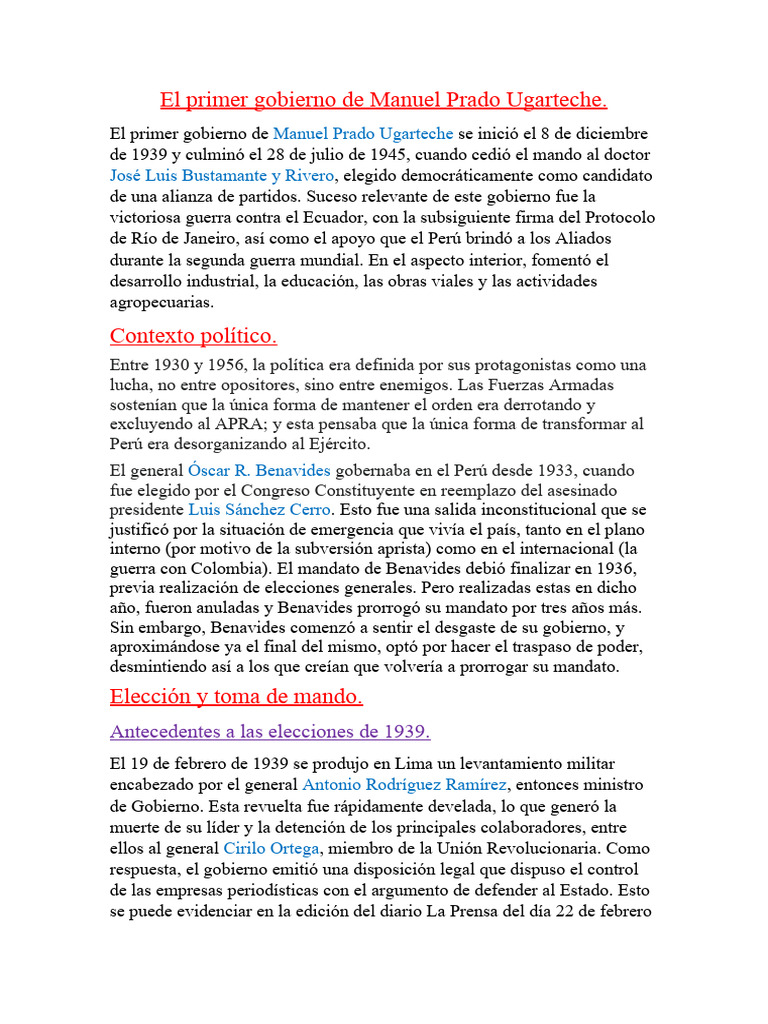 El Primer Gobierno de Manuel Prado Ugarteche | PDF | Perú | Gobierno