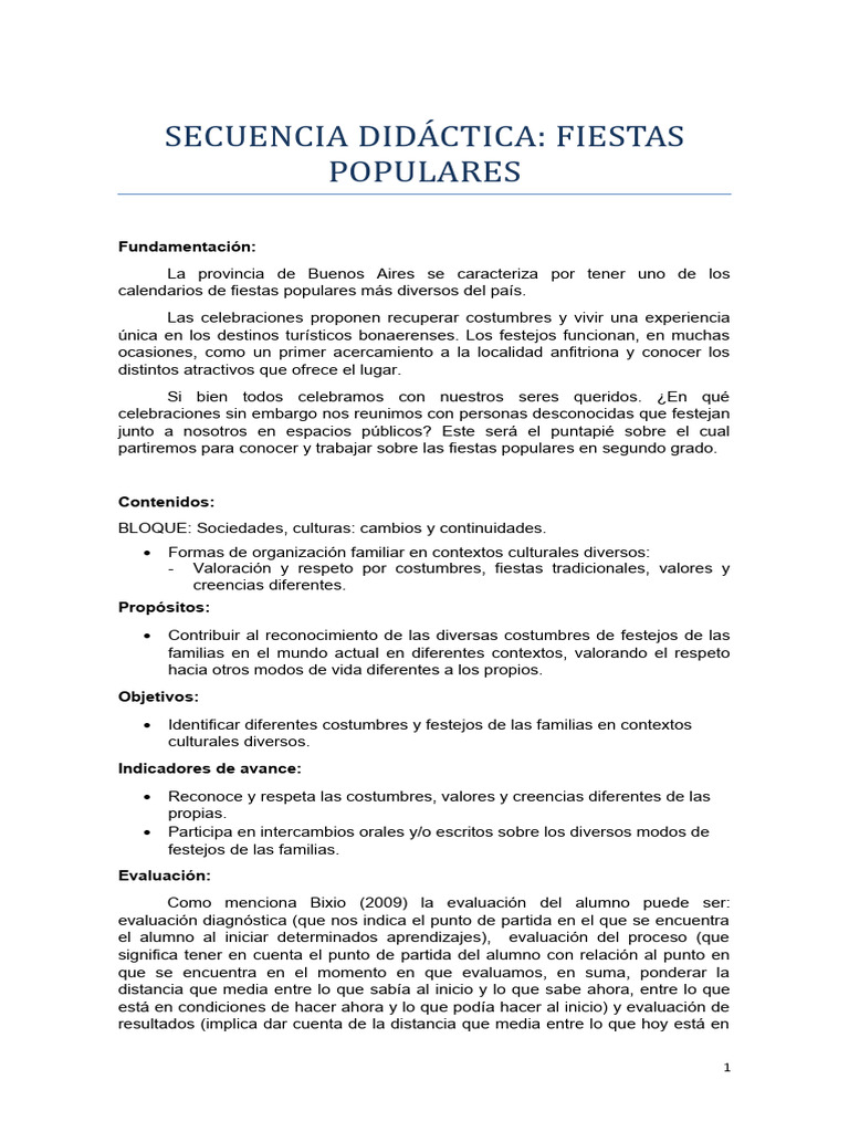 Secuencia Fiestas Populares | Descargar gratis PDF | Evaluación | Plan ...