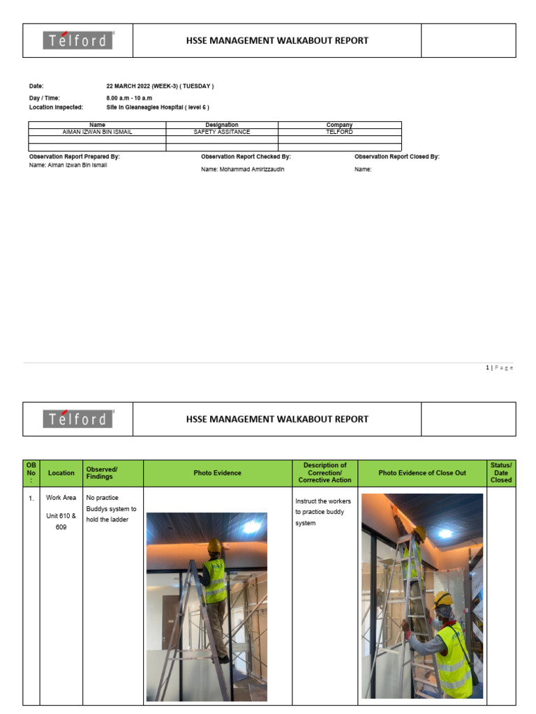 HSSE Management Walkabout Report | PDF | Safety | Occupational Safety ...