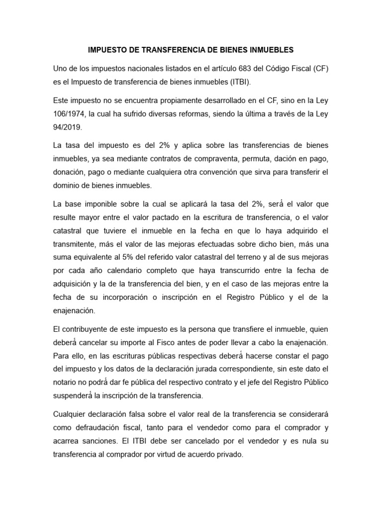 Impuesto de Transferencia de Bienes Inmuebles | PDF | Impuestos | Impuesto sobre la renta