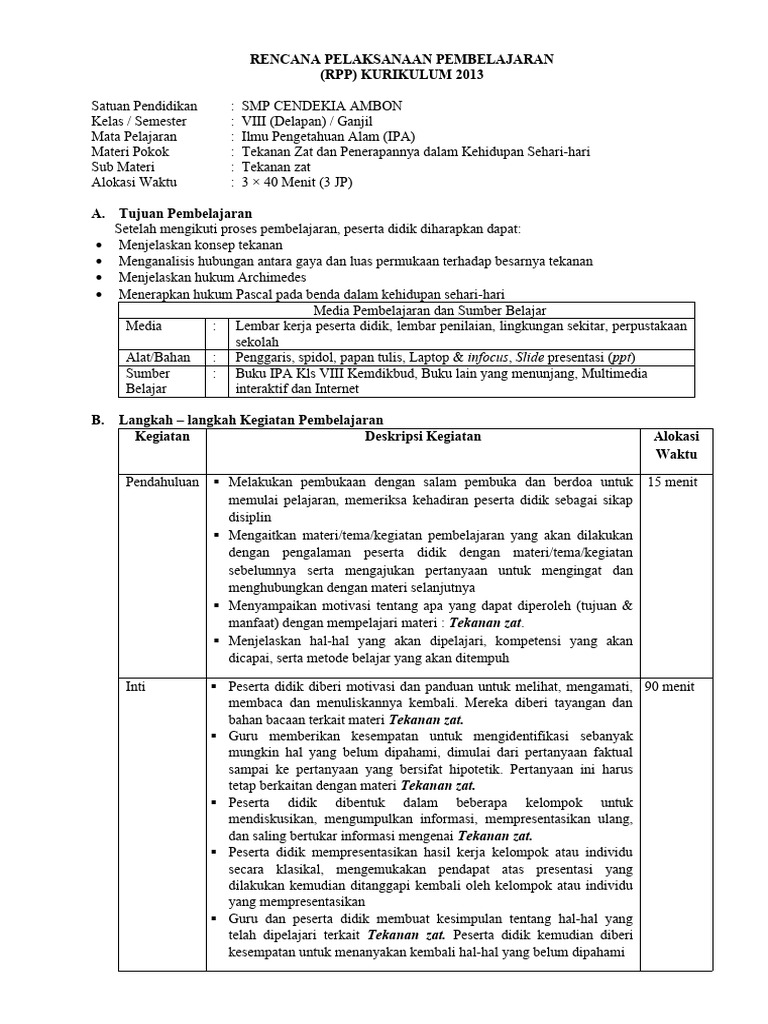 RPP 7 Tekanan Zat Dan Penerapannya | PDF