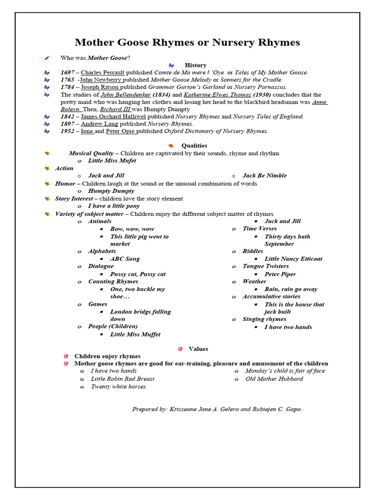 Mother Goose Rhymes or Nursery Rhymes | PDF | Children's Poetry | Folk ...