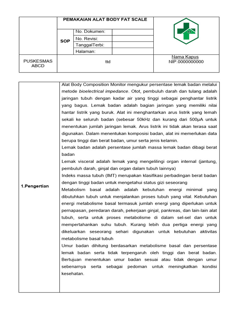 Sop Pemakaian Alat Body Fat Scale F | PDF