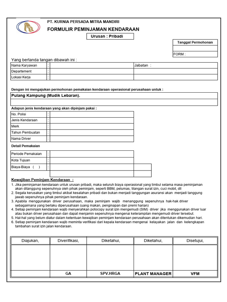 Form Peminjaman Kendaraan Roda 4-2 | PDF
