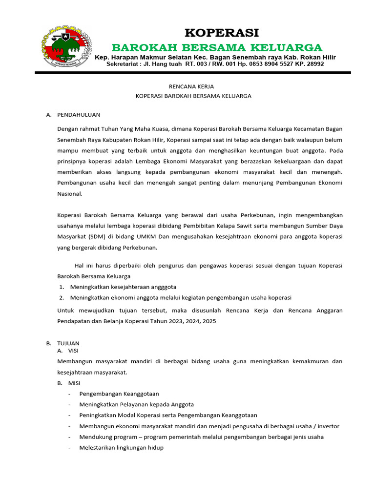 Rencana Kerja Koperasi | PDF | Bisnis | Pengelolaan Keuangan & Uang