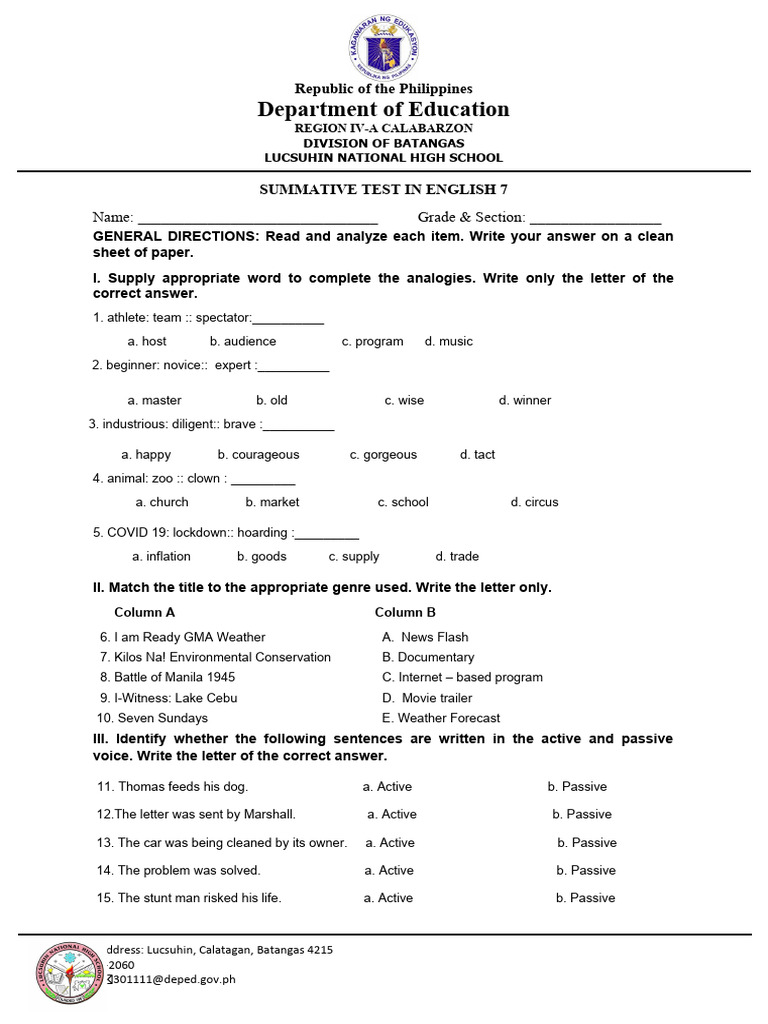 Summative Test 1st Quarter | PDF | Sentence (Linguistics) | Subject ...