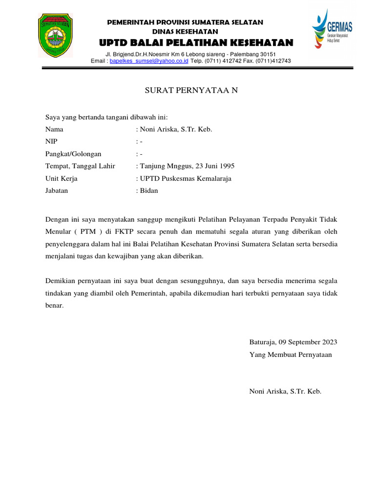 Surat Pernyataan Pelatihan | PDF