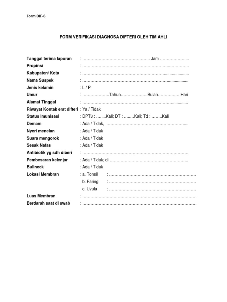 Form DIF-6 - Form Verifikasi Diagnosa Difteri Oleh Tim Ahli | PDF
