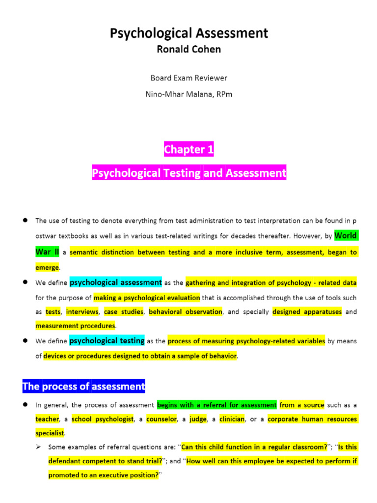 Psychological Assessment Reviewer (Cohen) | PDF