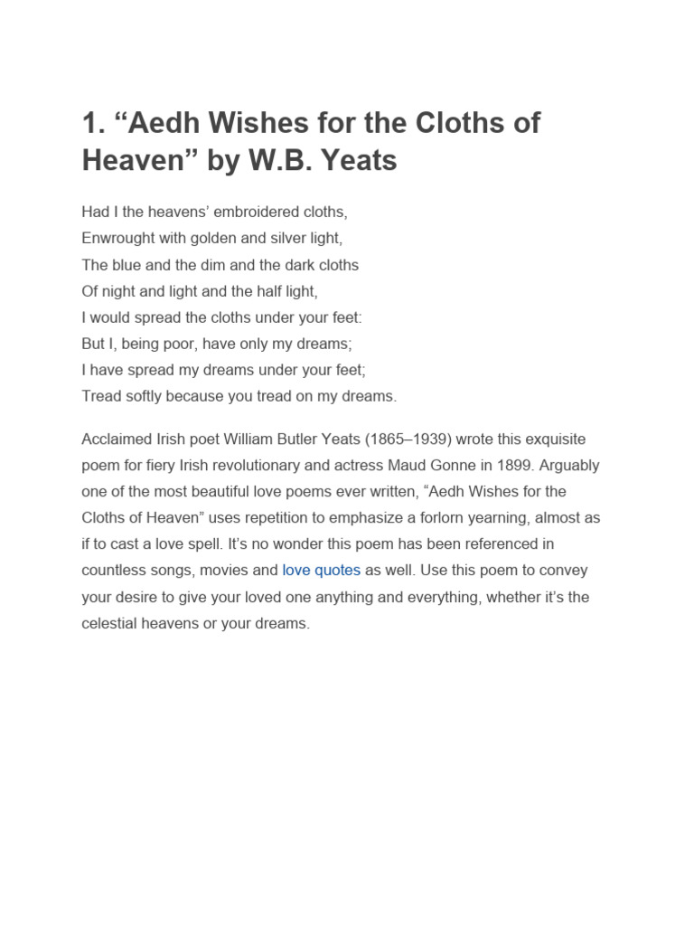 "Aedh Wishes For The Cloths of Heaven" by W.B. Yeats: Love Quotes | PDF