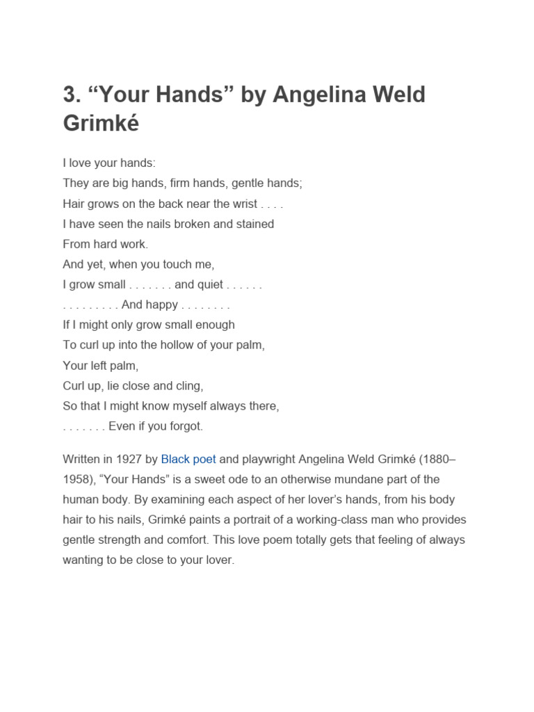 "Your Hands" by Angelina Weld Grimké: Black Poet | PDF