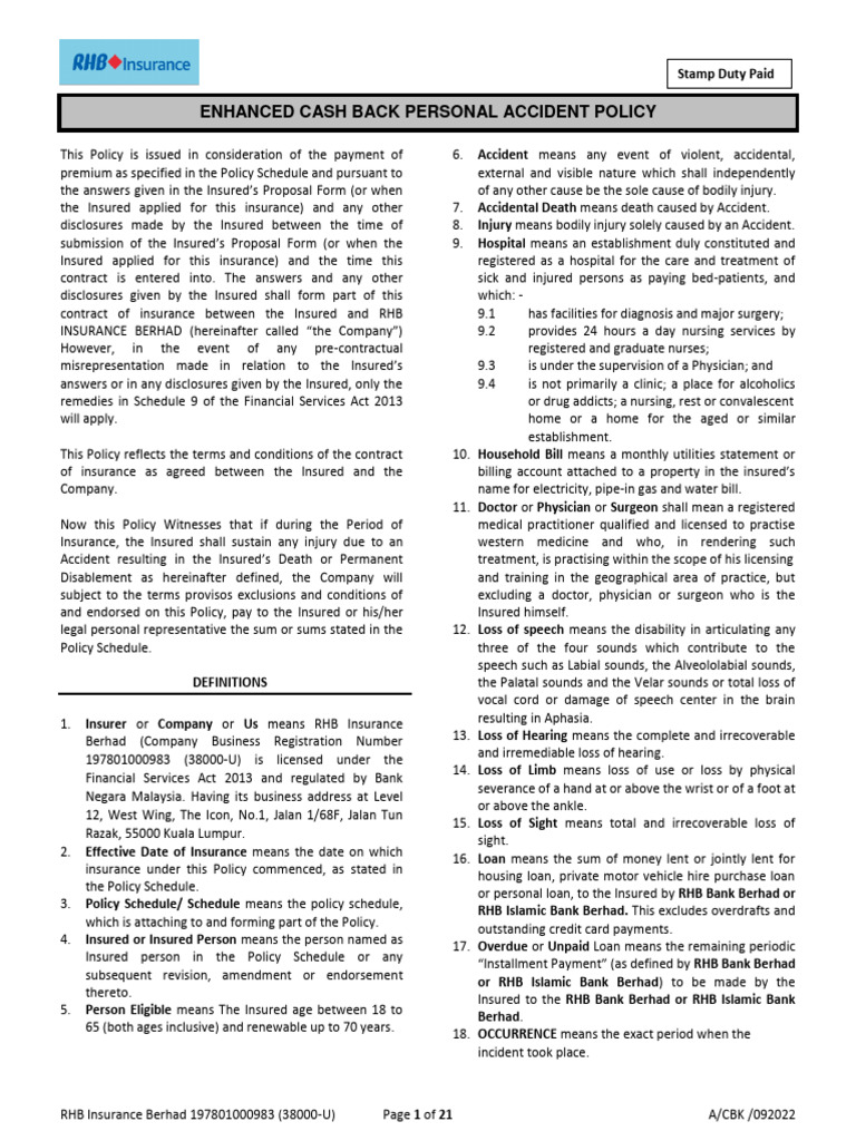 Enhanced Cashback Pa Policywordings | PDF | Insurance | Liability Insurance