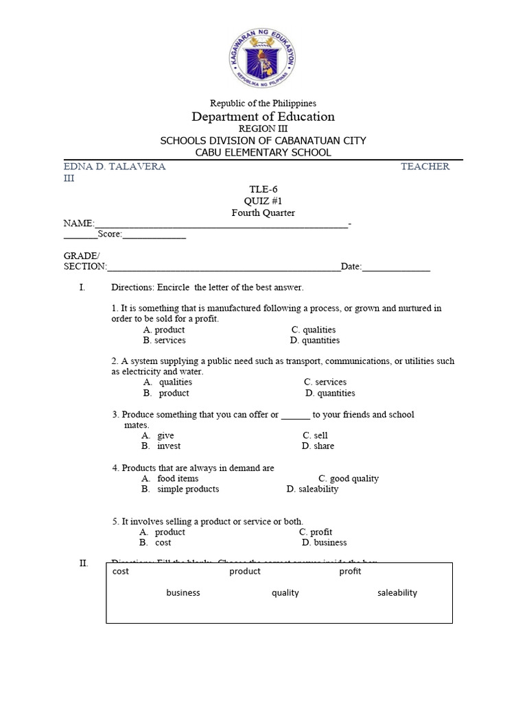 TLE - QUIZ NO. 1 - Fourth Quarter | PDF | Sales | Financial Markets