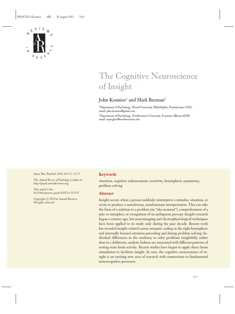 The Cognitive Neuroscience of Insight | PDF | Insight | Functional ...