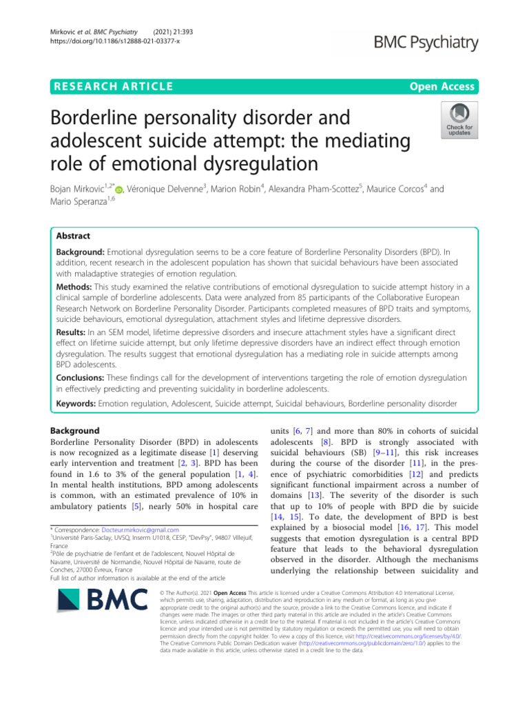 Borderline Personality Disorder and Adolescent Suicide Attempt: The Mediating Role of Emotional ...