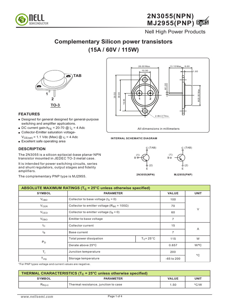 MJ 2955 | PDF | Bipolar Junction Transistor | Computer Engineering
