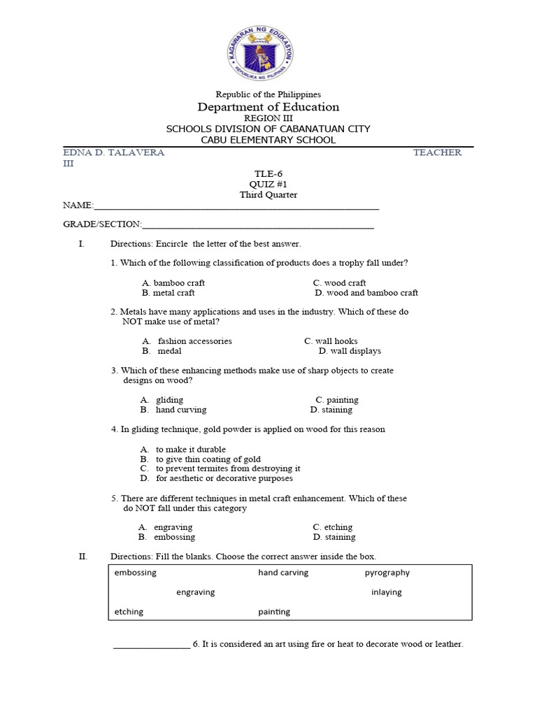 TLE - QUIZ - NO.1 - 3RD Quarter | PDF | Engraving | Advertising