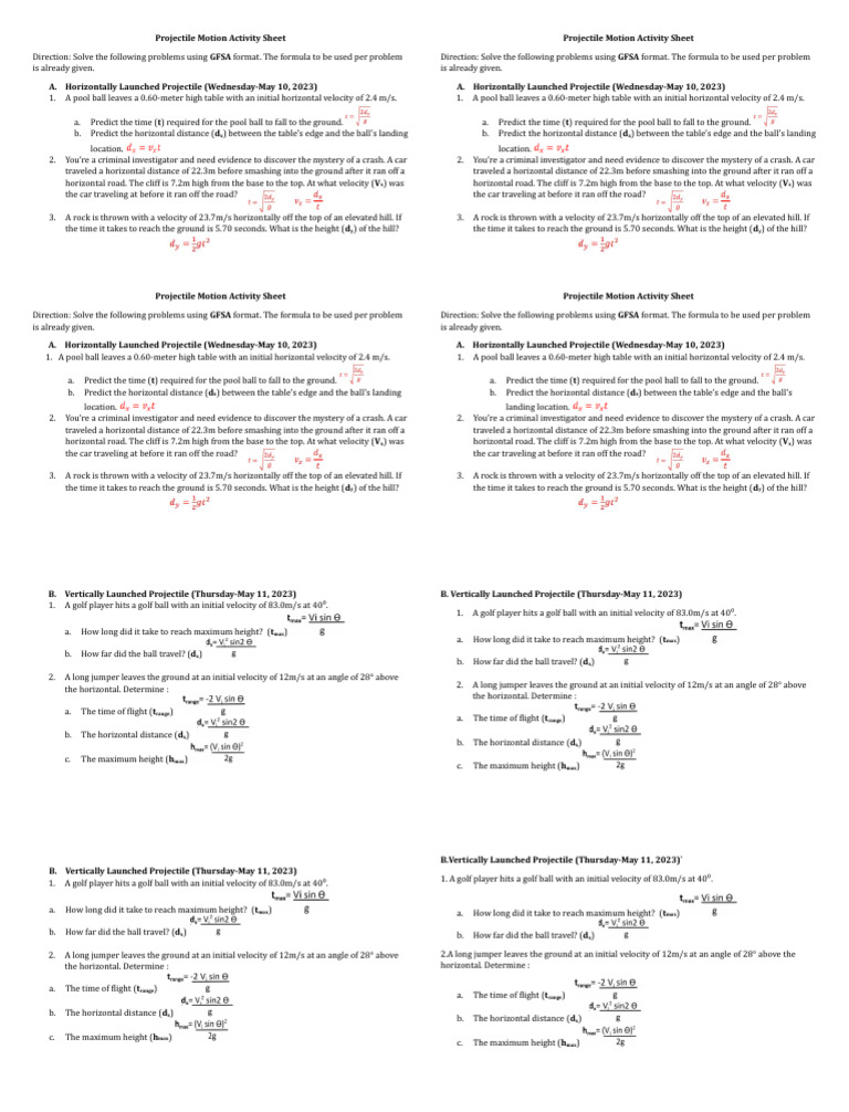 Projectile Motion Activity Sheet | PDF | Projectiles | Flight