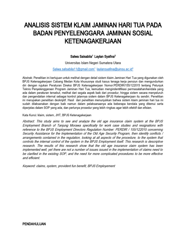 Analisis Sistem Klaim Jaminan Hari Tua Pada Badan Penyelenggara Jaminan Sosial Ketenagakerjaan ...