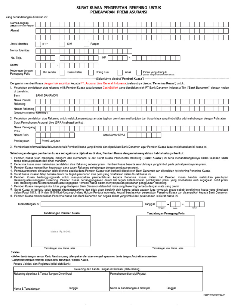 Surat Kuasa Pendebetan Danamon | PDF