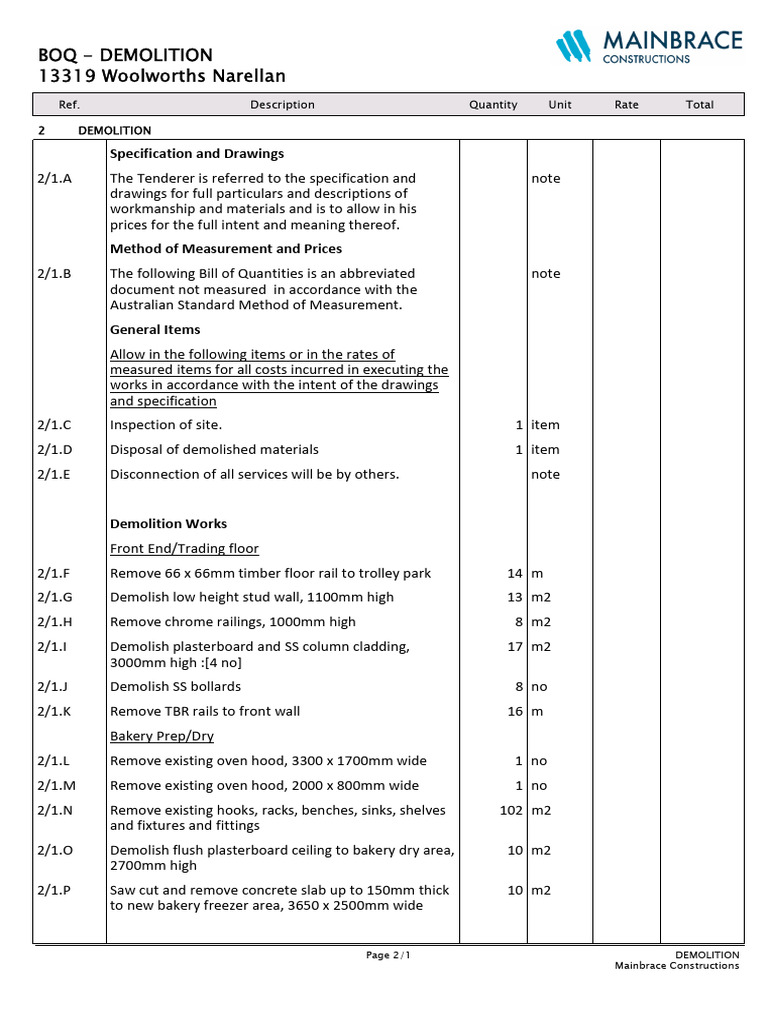 Boq - Demolition | PDF | Wall | Demolition
