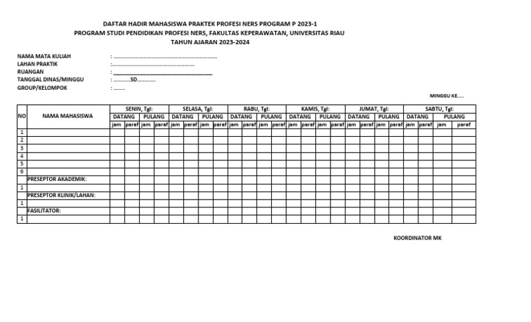 Form Absensi Profesi Ners Per MK | PDF