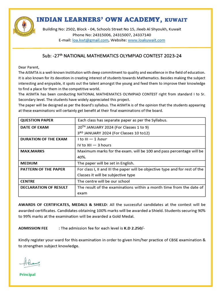 27th NATIONAL MATHEMATICS OLYMPIAD CONTEST 2023-24 | PDF | Student ...
