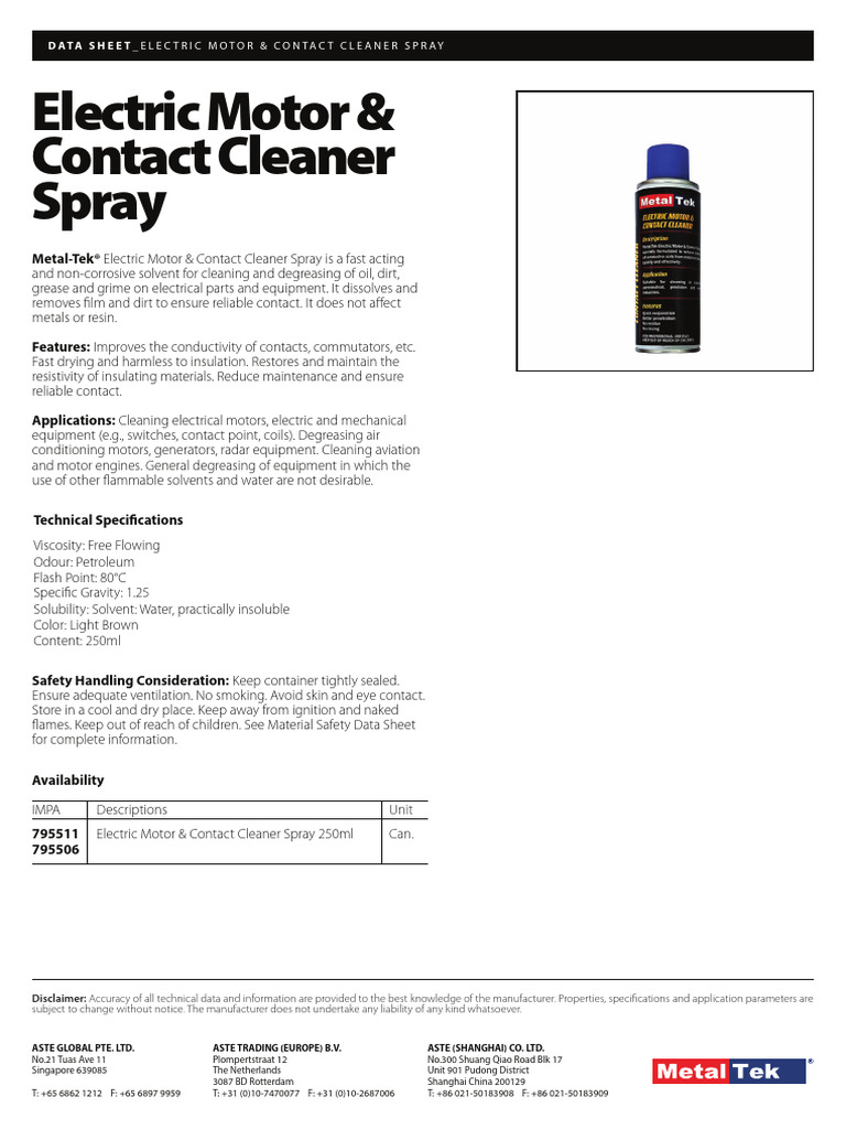 Metal-Tek Electric Contact Cleaner Spray - TDS (2021) | PDF | Electric ...