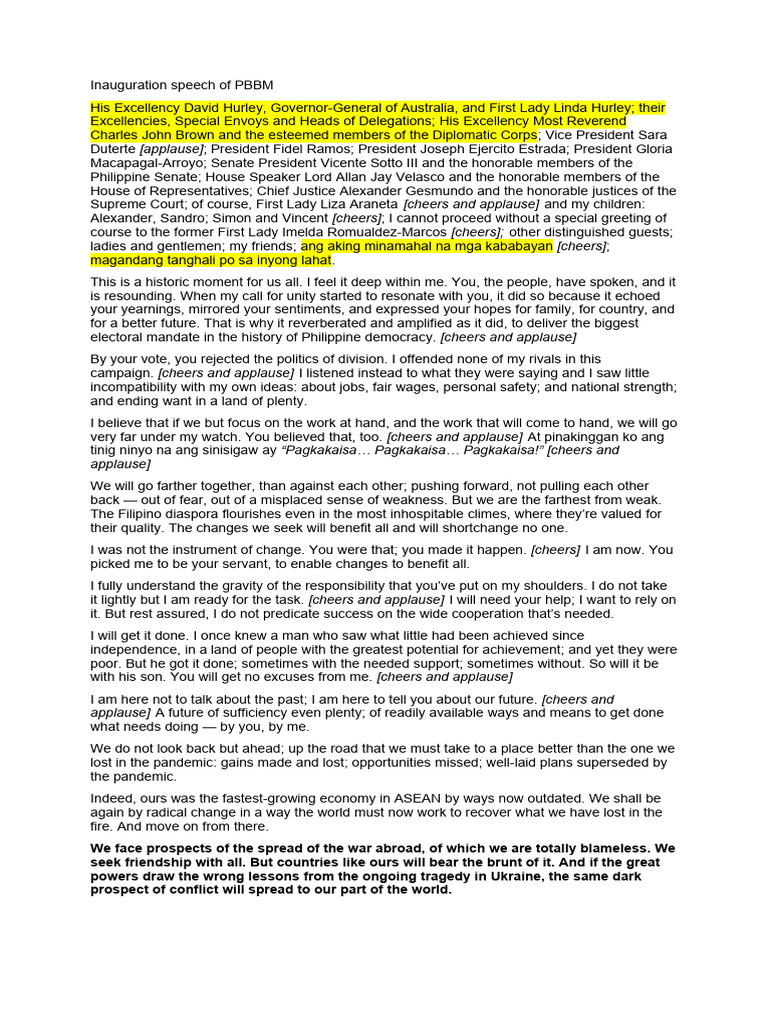 Inaugural Speech of PBBM | PDF