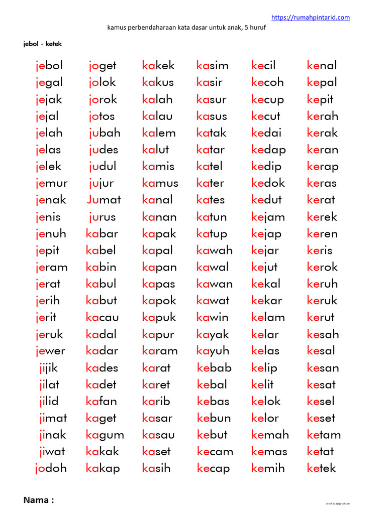 Kamus Kata Dasar 5 Huruf Untuk Belajar Mengeja Jebol Ketek 4 | PDF