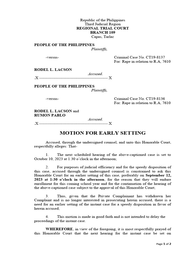Motion For Early Setting LACSON | PDF | Prosecutor | Legal Procedure