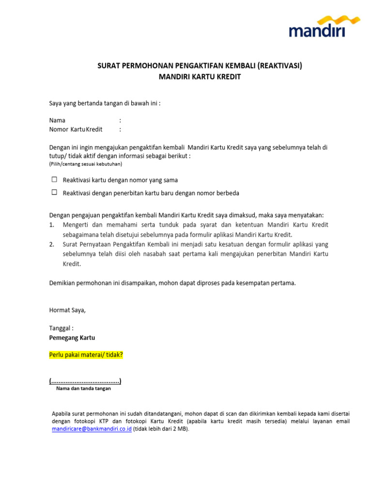 Surat Permohonan Pengaktifan Kembali Mandiri Kartu Kredit | PDF ...