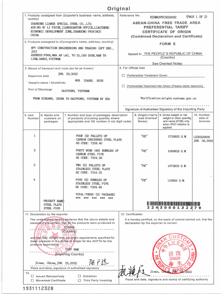 CO Form E HĐ 135 | PDF | Supply Chain Management | Exports