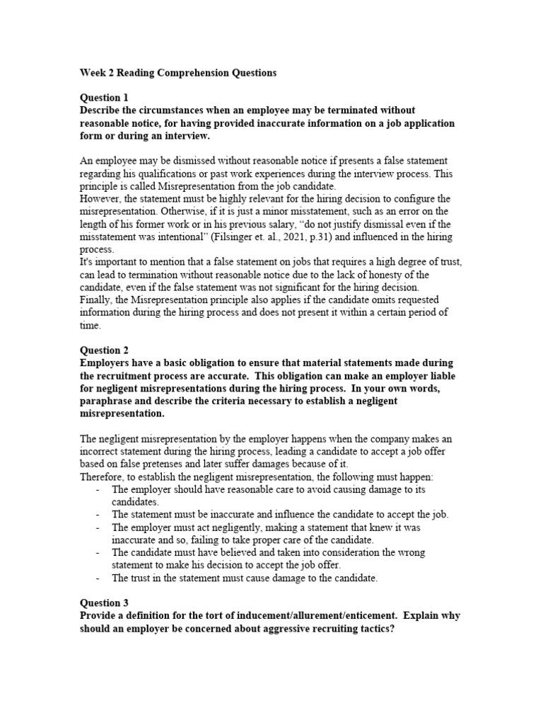 Week 2 Reading Comprehension Questions | PDF | Employment | Legal Liability