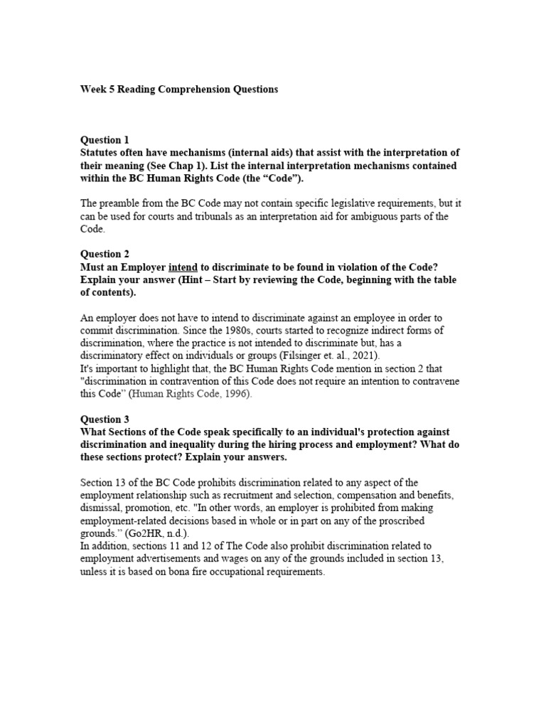 Week - 5 - Reading Comprehension Questions | PDF | Employment | Discrimination
