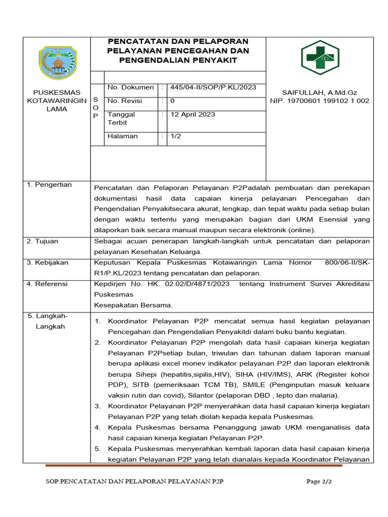 SOP Pencatatan Dan Pelaporan Pelayanan P2P | PDF