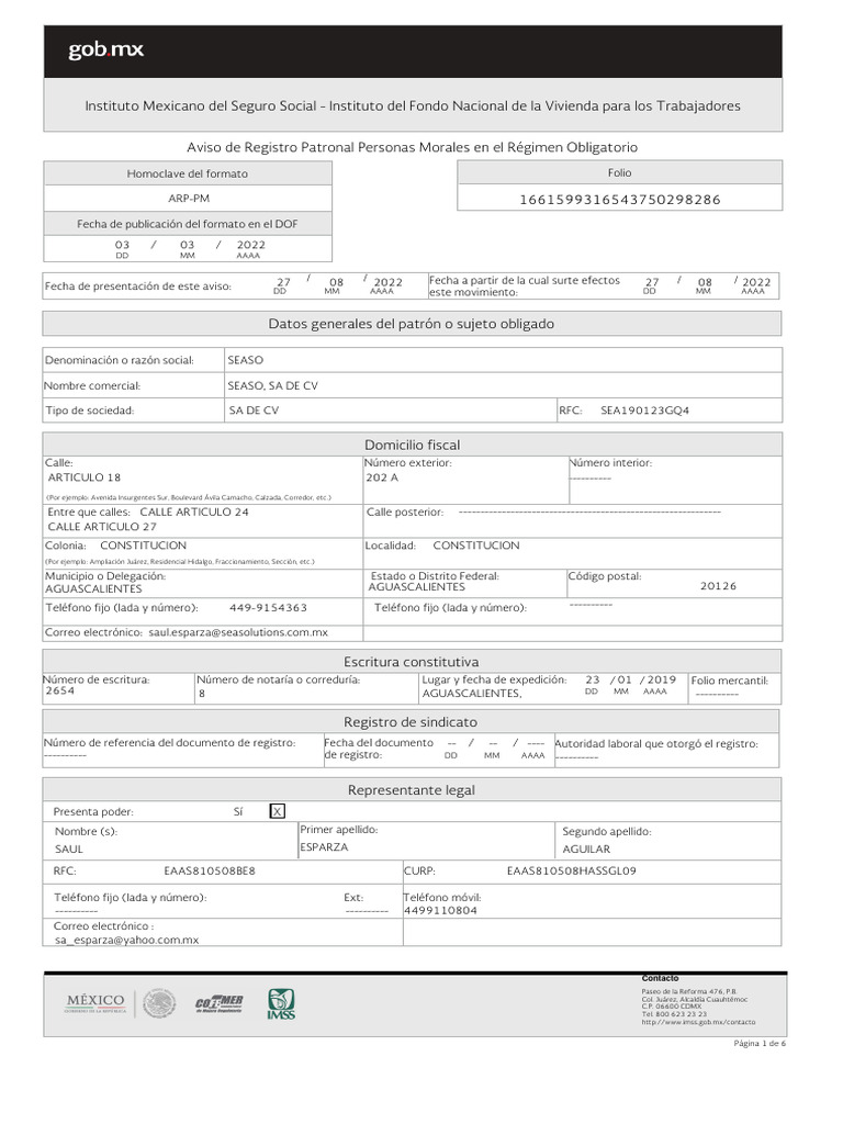 3.1.2 Aviso de Registro Patronal Personas Morales en Régimen Obligatorio | PDF | Ciudad de ...