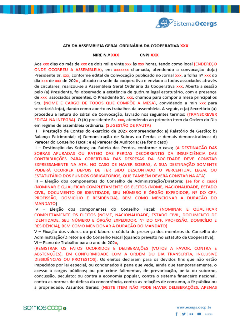A1 Modelo de Ata Da Assembleia Geral Ordinaria | PDF | Conselho de ...