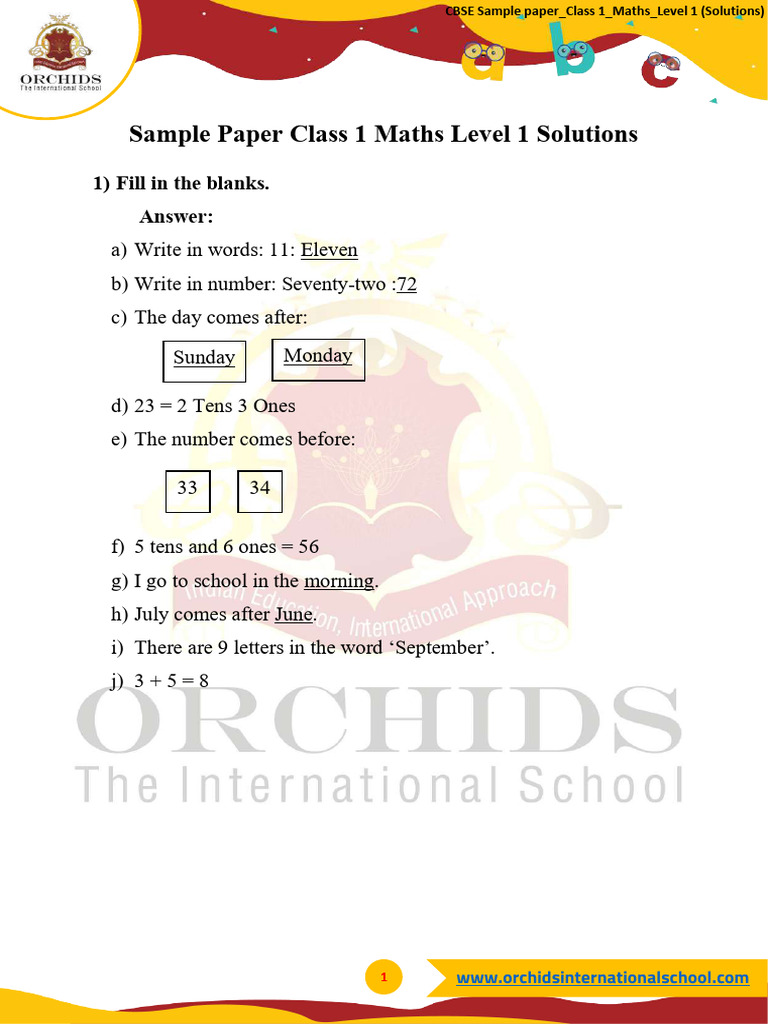 Class 1 Maths Sample Paper Solutions | PDF | Mathematics