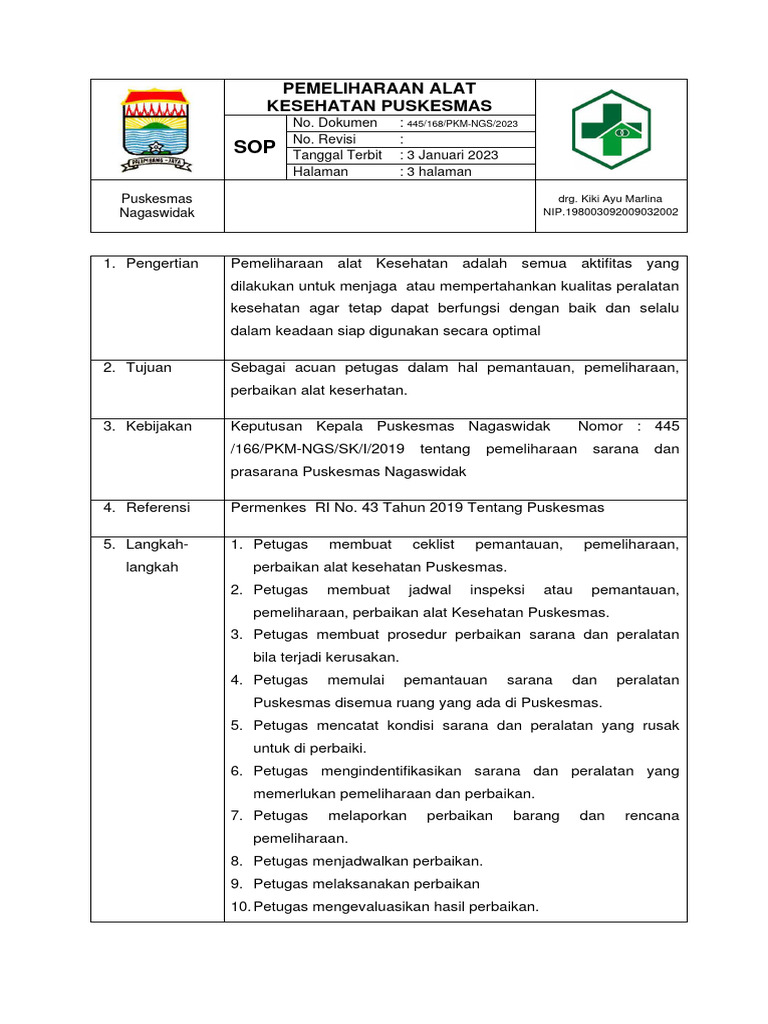 1.4.6.c. SOP PEMELIHARAAN ALKES PKM NGS | PDF