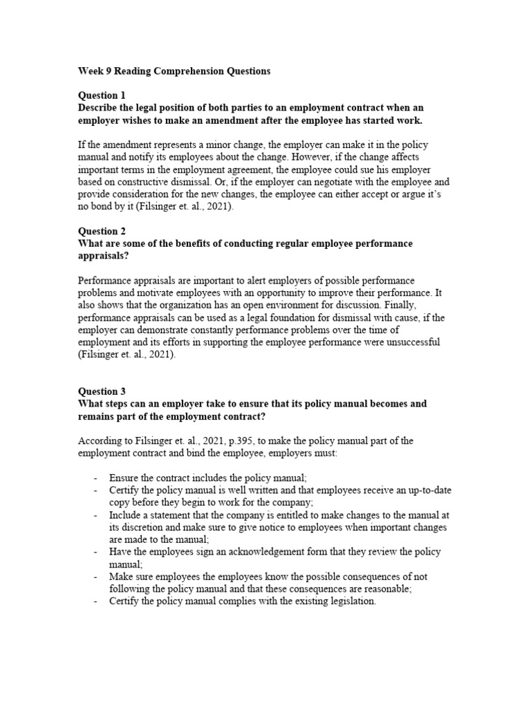 Week 9 Reading Comprehension Questions | PDF | Employment | Performance ...