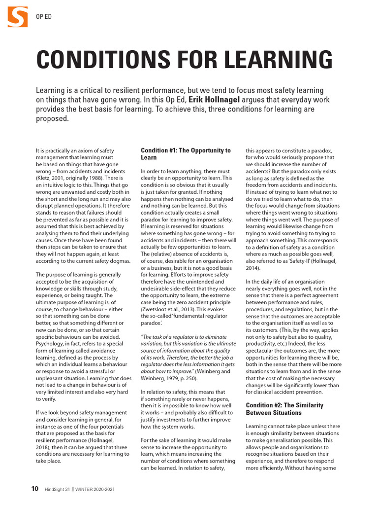 Conditions For Learning: Erik Hollnagel | PDF | Learning | Safety