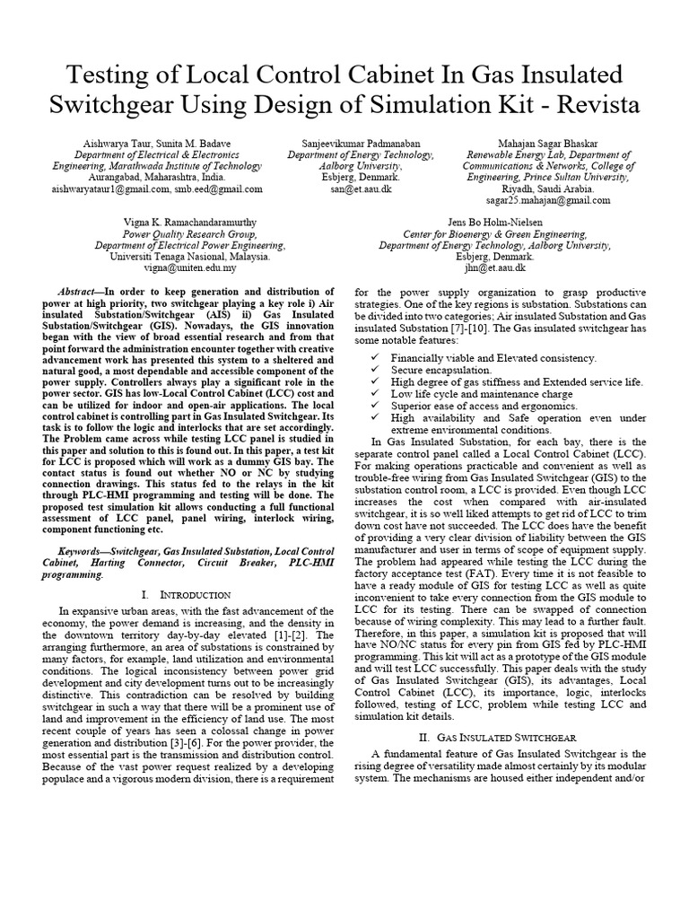 Testing of Local Control Cabinet in Gas Insulated Switchgear Using ...