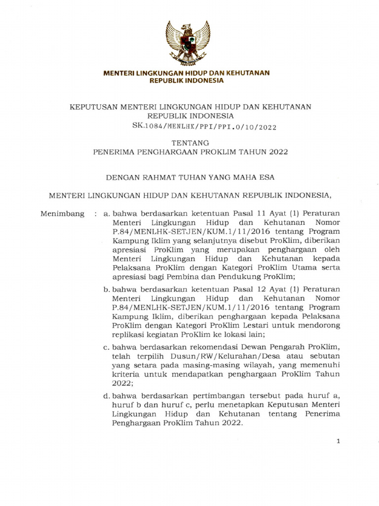 SK Desa ProKlim Utama Tahun 2022 | PDF