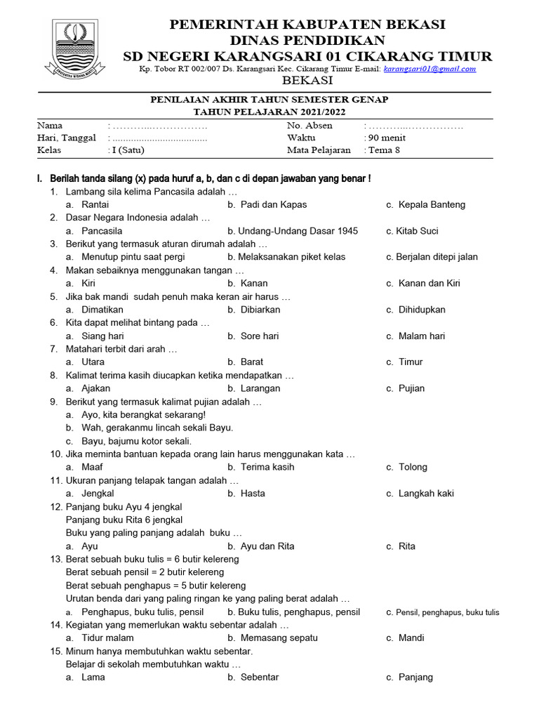 Soal PAT Tema 8 Kelas 1 - 2 | PDF | Griya & Taman