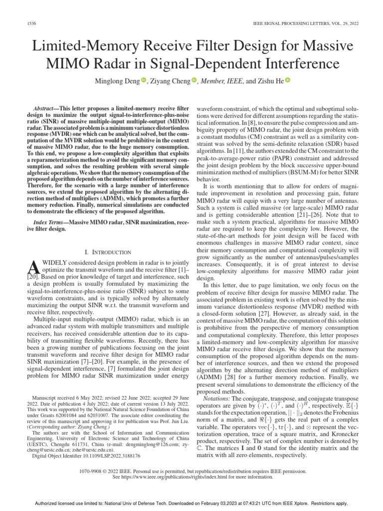 Limited-Memory Receive Filter Design For Massive MIMO Radar in Signal ...