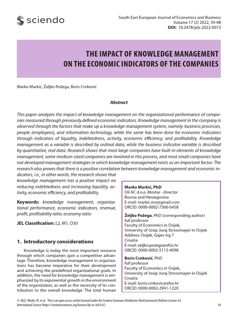The Impact of Knowledge Management On The Economic Indicators of The ...