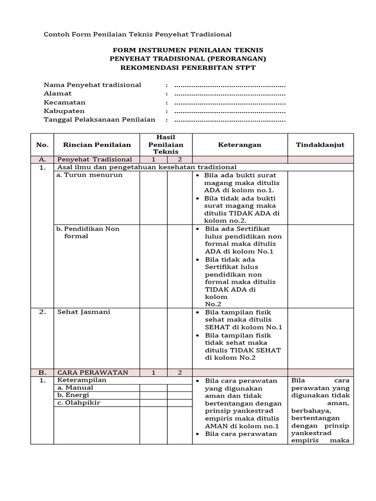 Contoh Form Penilaian Teknis Penyehat Tradisional | PDF